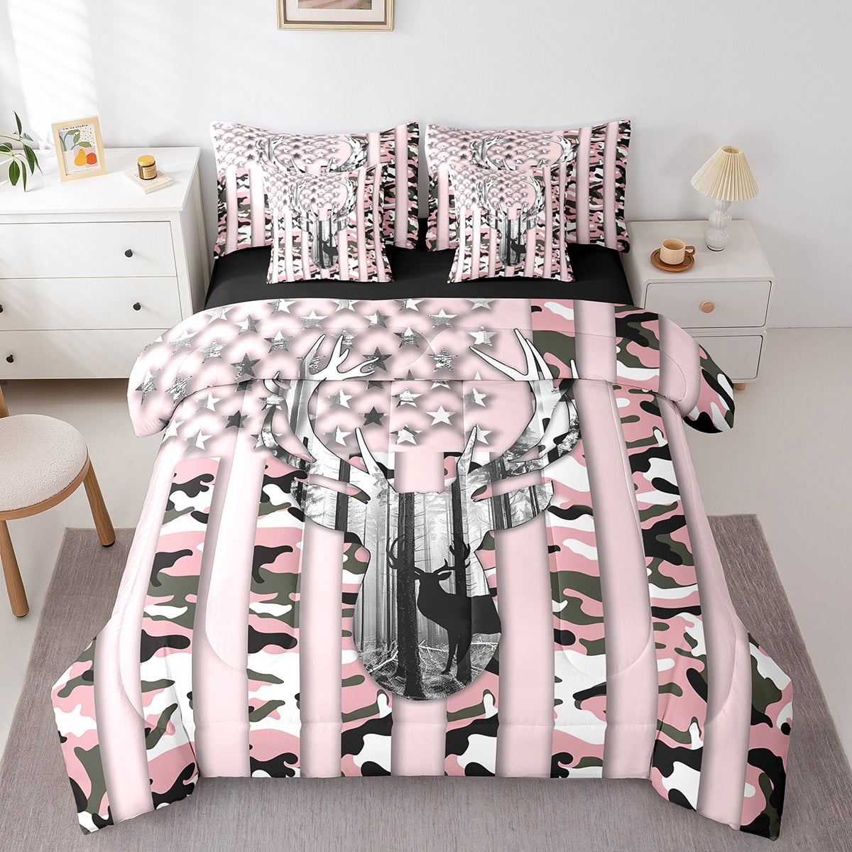 Erosebridal Hunting Elk Bed in a Bag King Size, Pink Camo American Flag ...