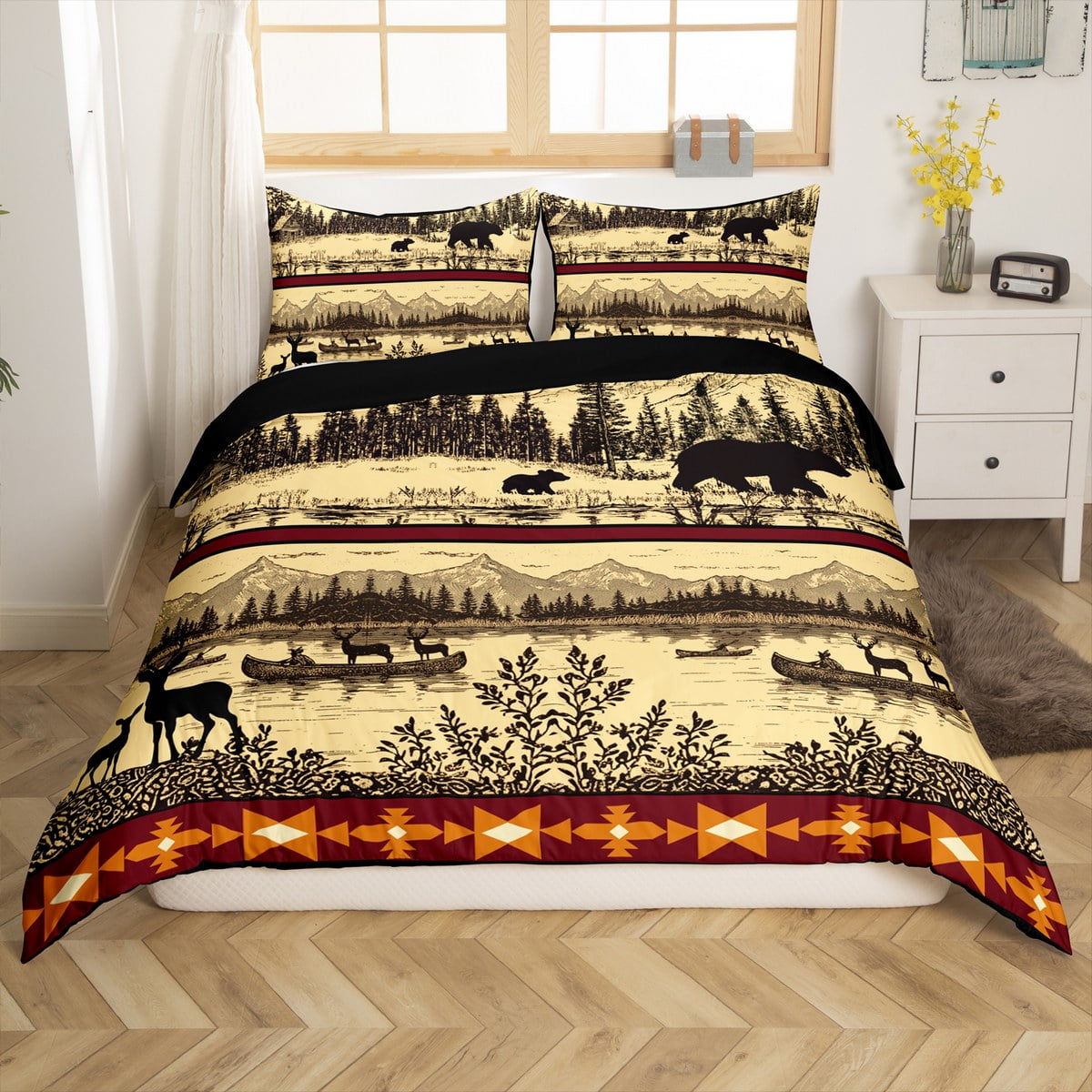 Erosebridal Hunting Moose Comforter Cover Full, Vintage Lake House ...