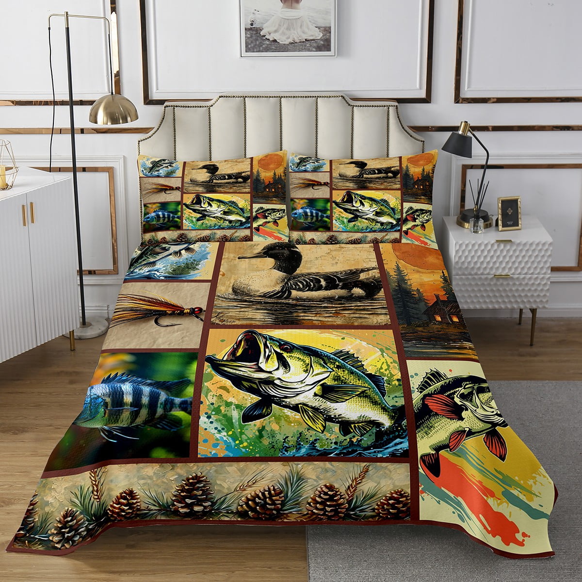 Erosebridal Hunting Pike Fish Bedspread Sets Queen Size, Rustic Lake ...