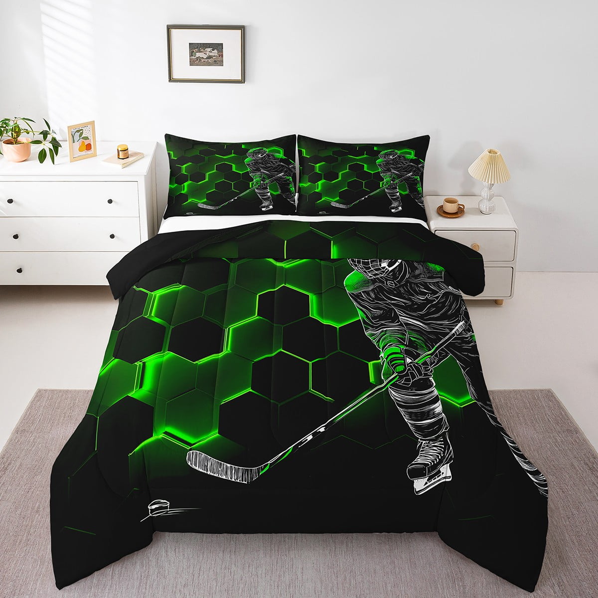 Erosebridal Ice Hockey Bedding Twin Comforter Set,Geometric Honeycomb ...