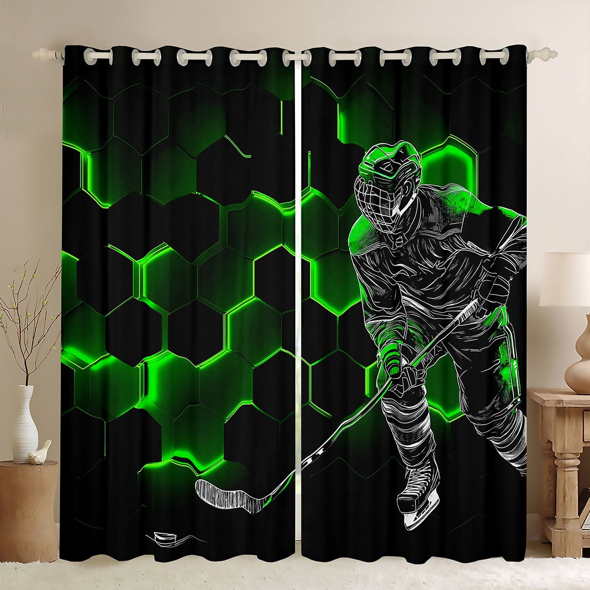 Erosebridal Ice Hockey Curtains for Living Room (52Wx63L),Geometric ...