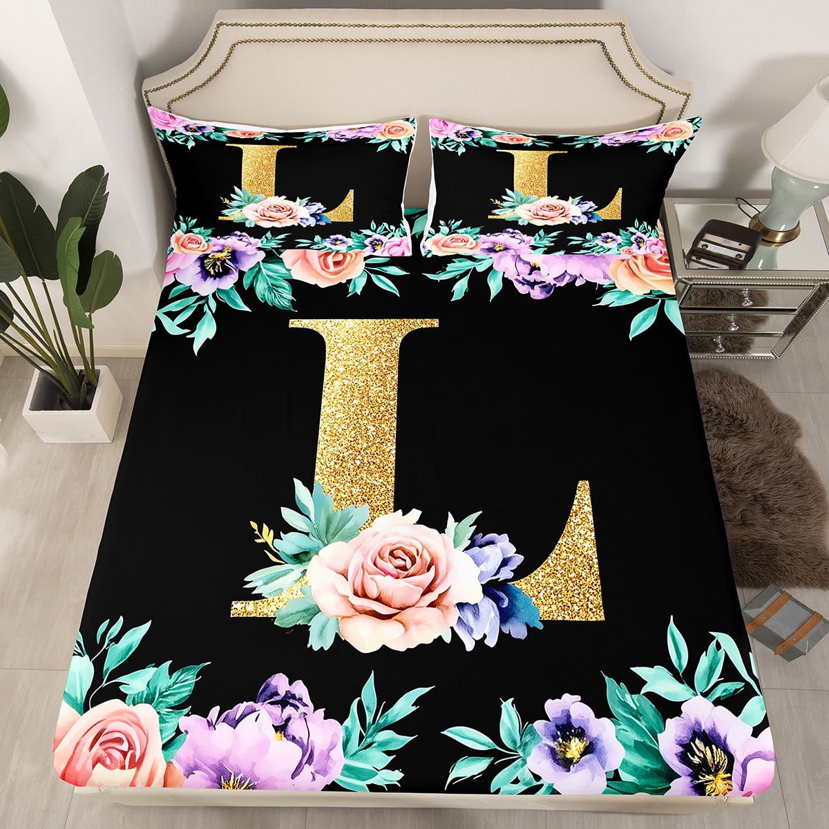 Erosebridal Initial L Letter Fitted Sheet Queen, Princess Rose Bedding ...