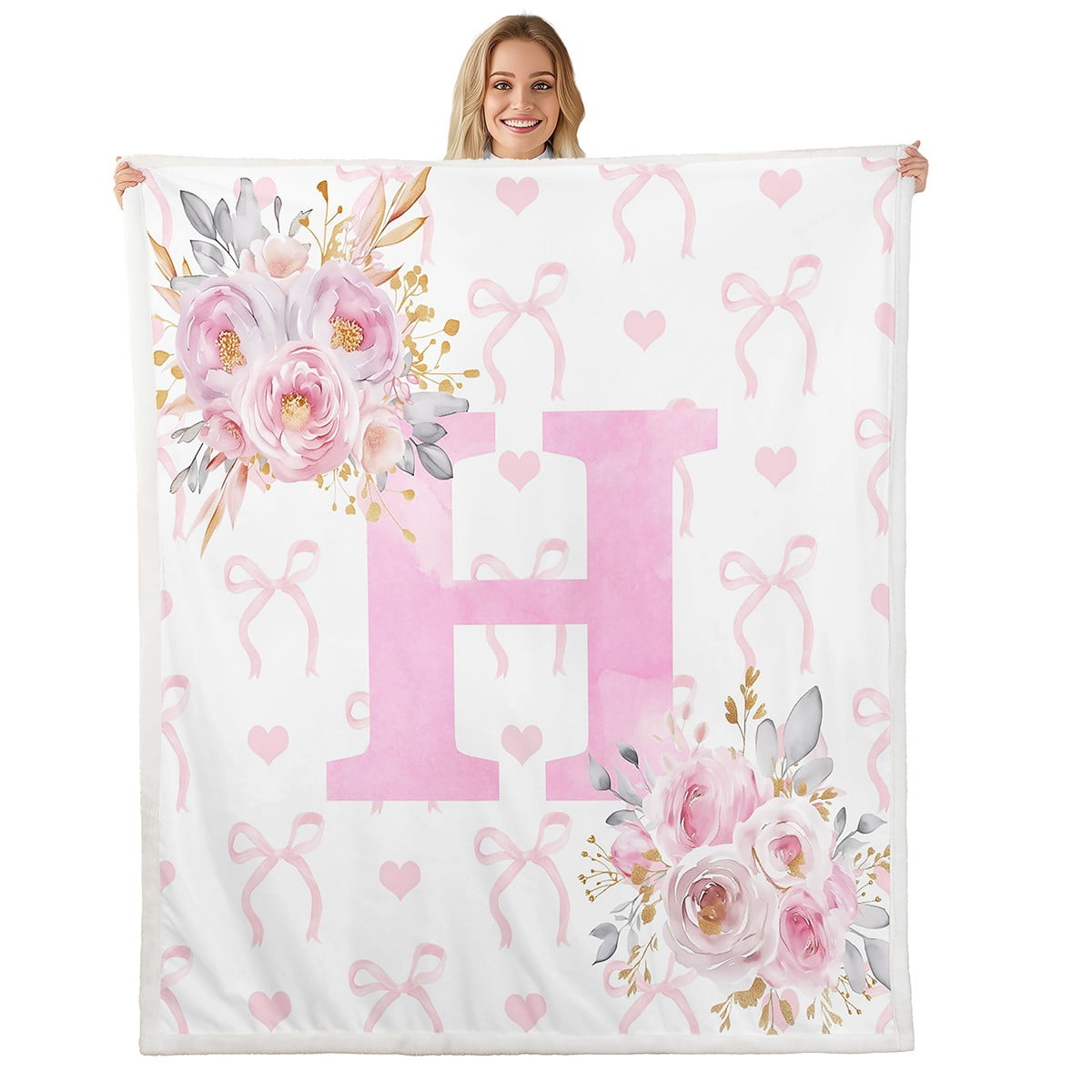 Erosebridal Initial Letter H Sherpa Blanket, Romantic Rose Fuzzy ...