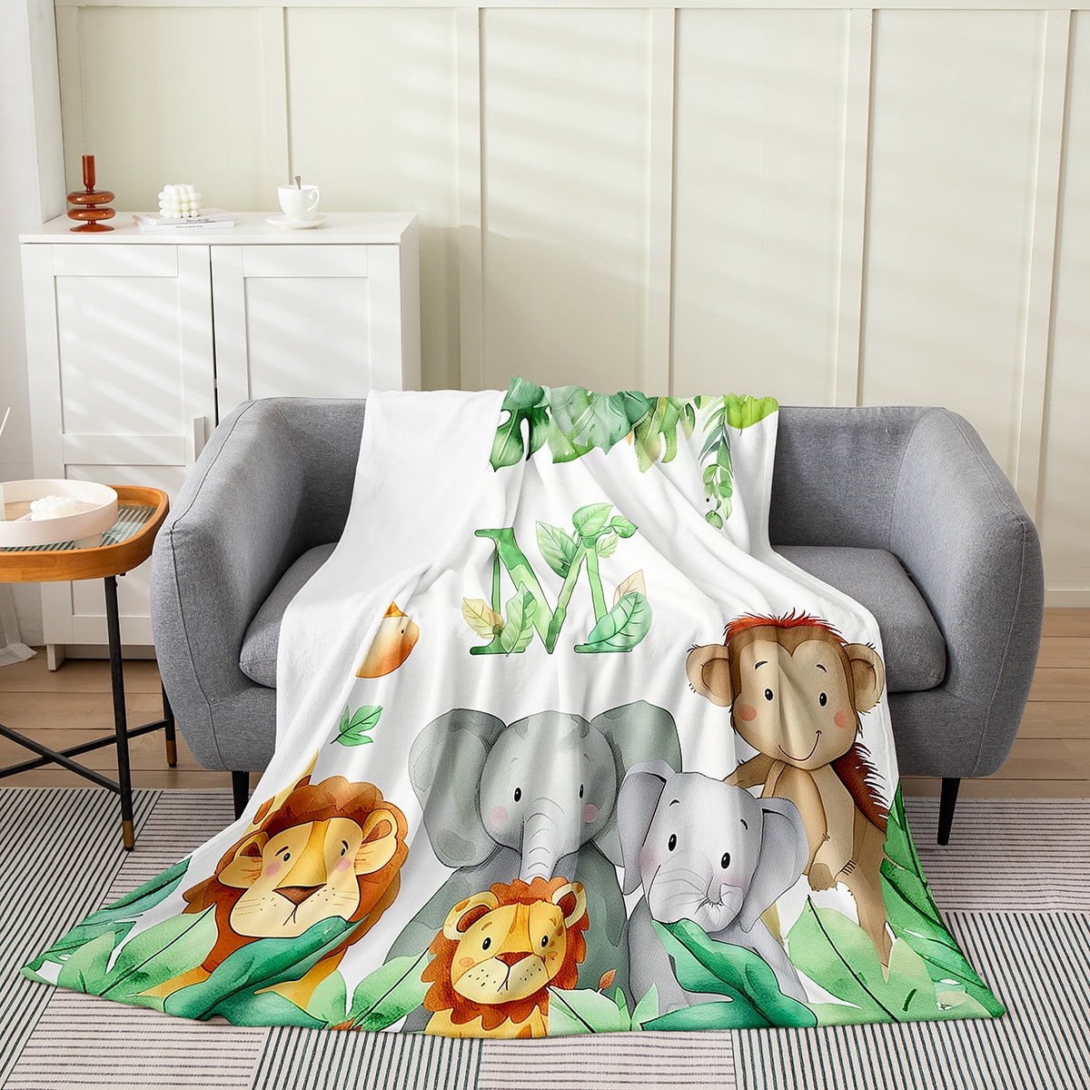Erosebridal Initial Letter M Flannel Blanket 60x80,Cartoon Lion Giraffe Animal Sherpa Throw ...