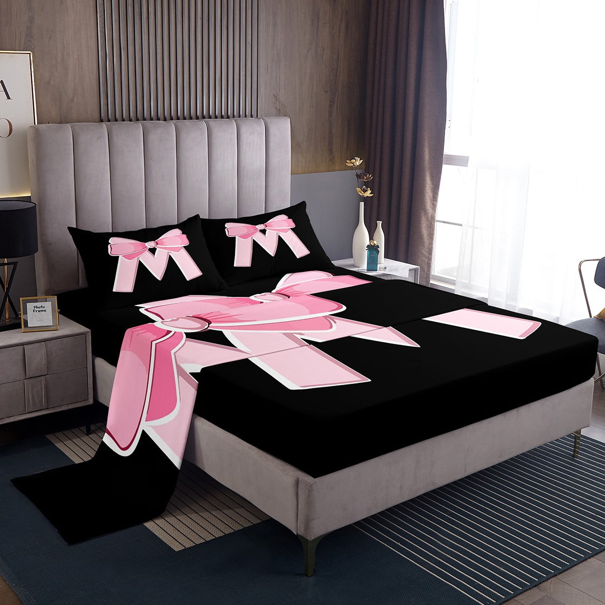 Erosebridal Initial Letter M King Sheet Sets, Black Pink Bed Sheets ...