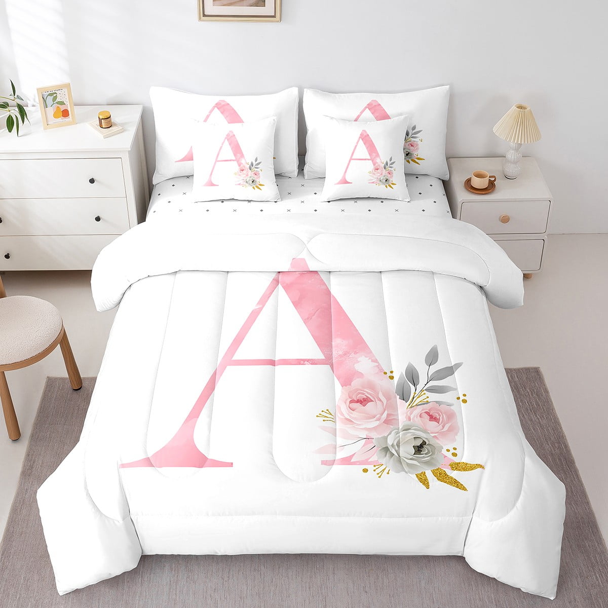 Erosebridal Initial Monogrammed Bed in a Bag Full size,Pink White Bed ...
