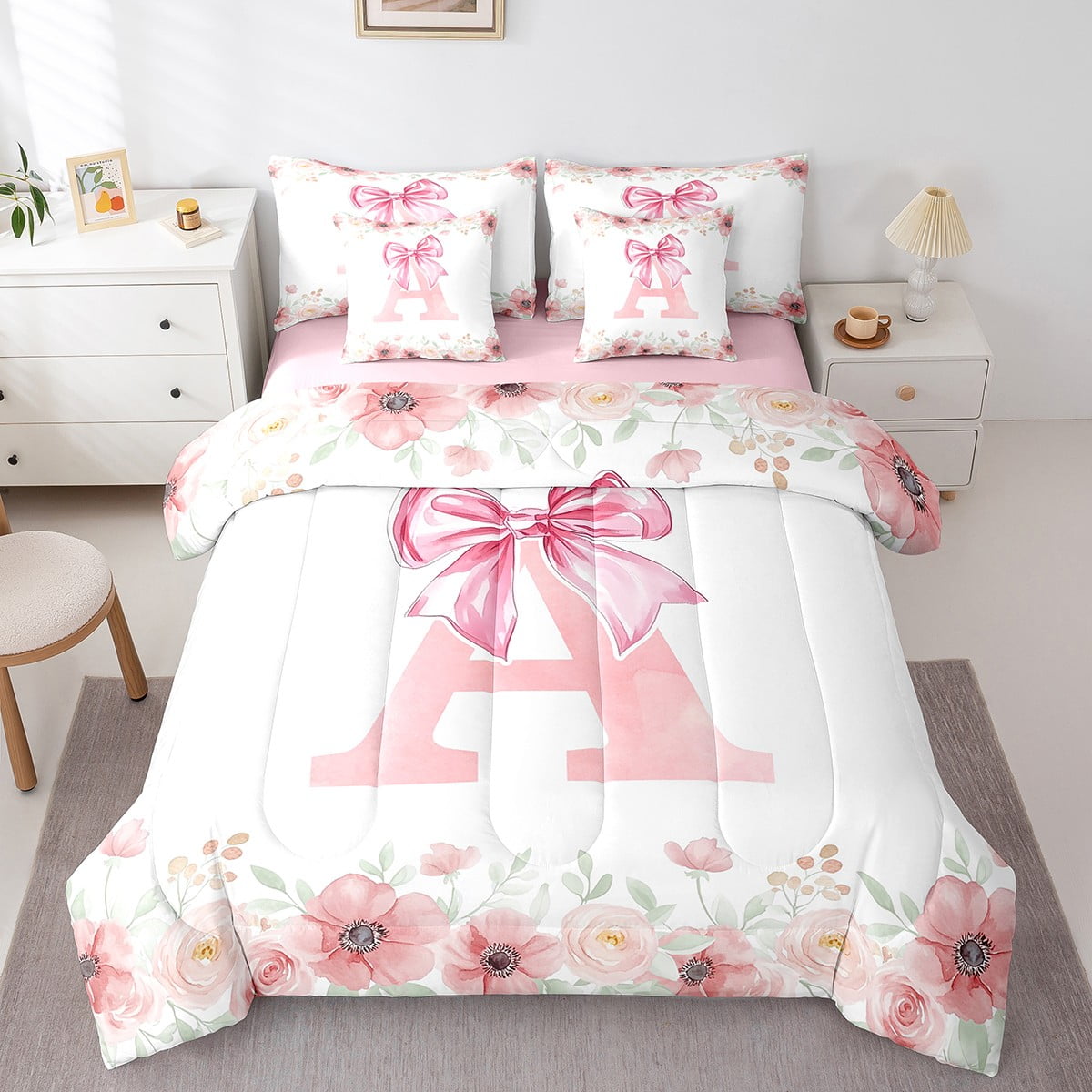 Erosebridal Initial Monogrammed Bedding Sets King Size,Floral Bowknot ...