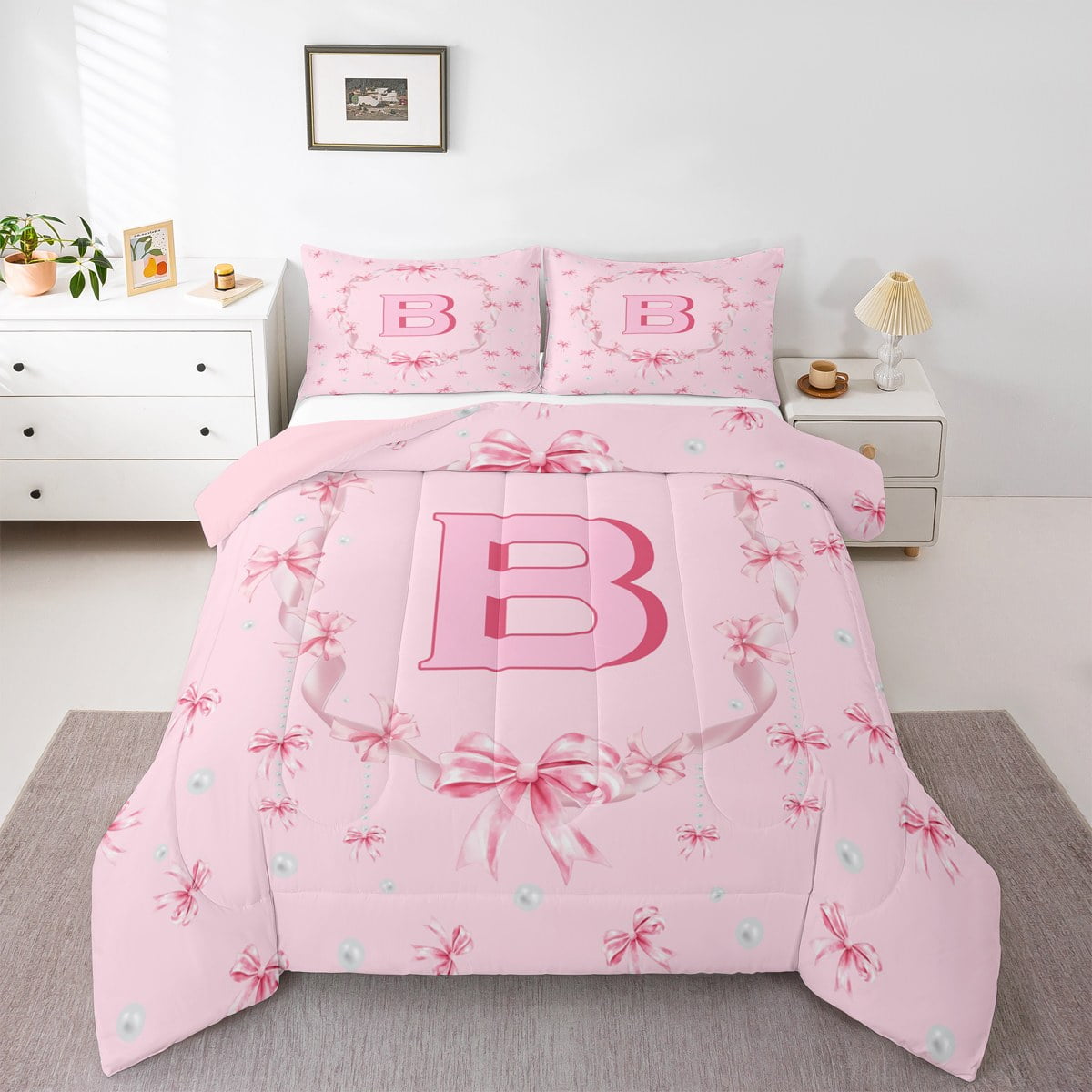 Erosebridal Initial Monogrammed Comforter Sets Queen Size,Bow Bowknot ...