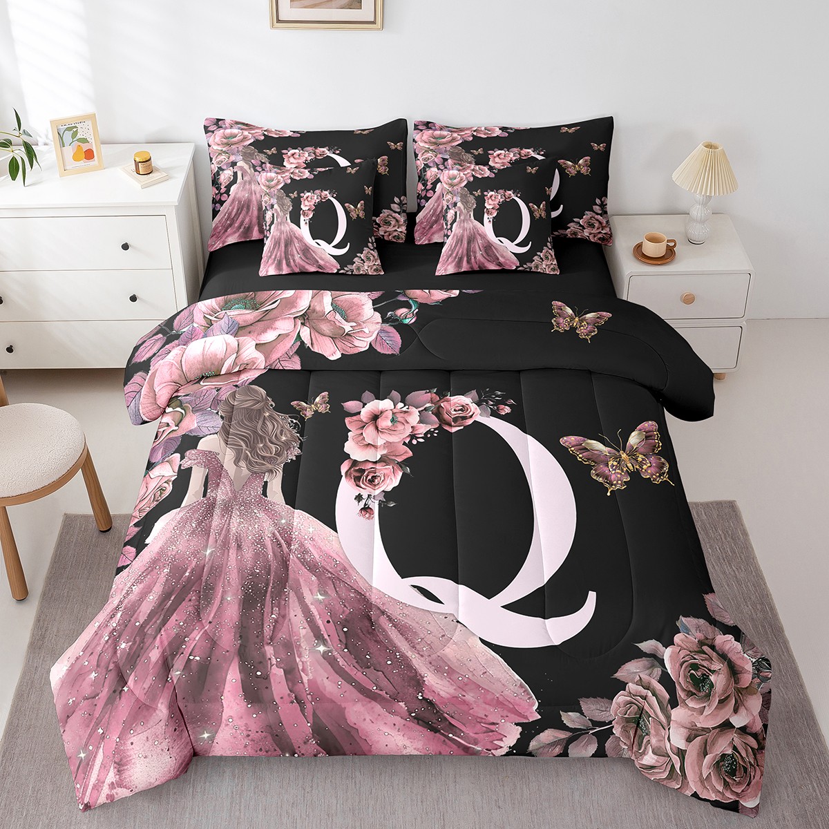 Erosebridal Initial Q Letter Bed in a Bag Twin size, Rose Flower ...