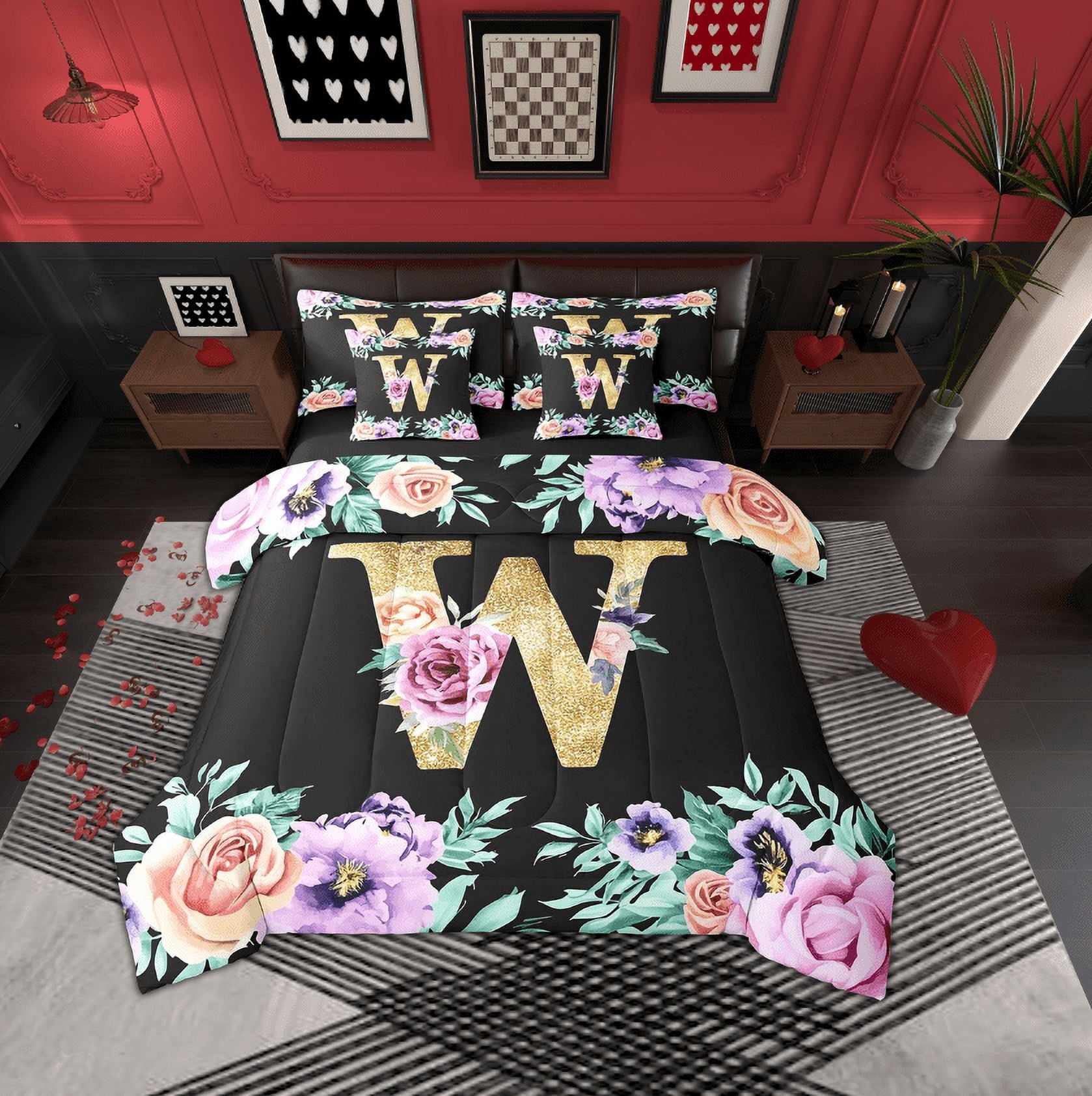 Erosebridal Initial W Letter Bed in a Bag, Princess Rose Bed Set, Gold ...