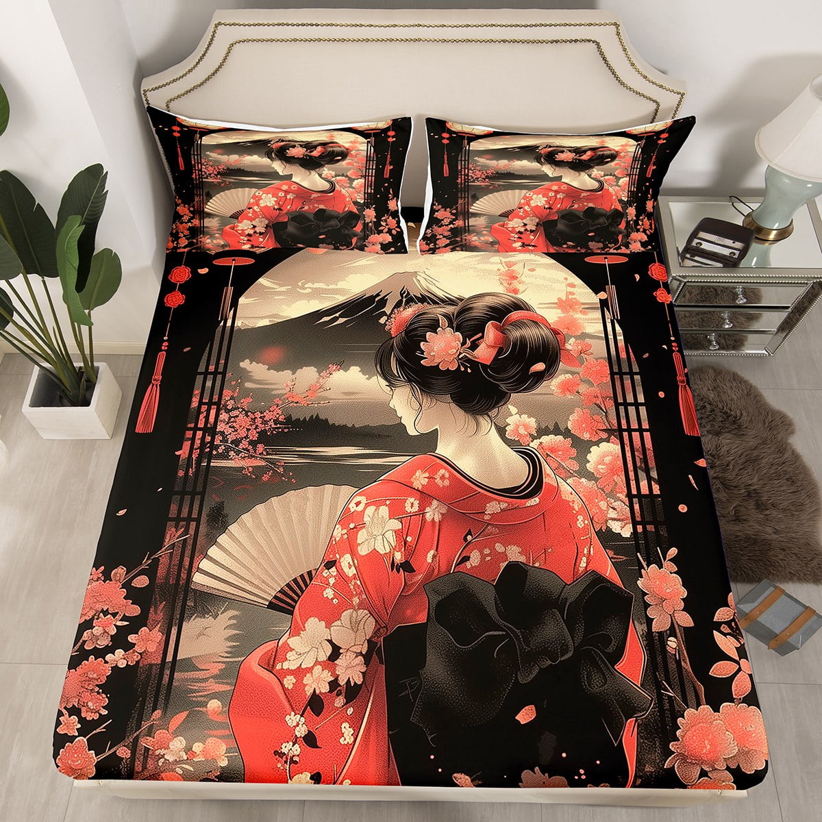 Erosebridal Japanese Geisha Bedding Set Full,Oriental Geisha Fitted Sheet for Women,Pink Cherry ...
