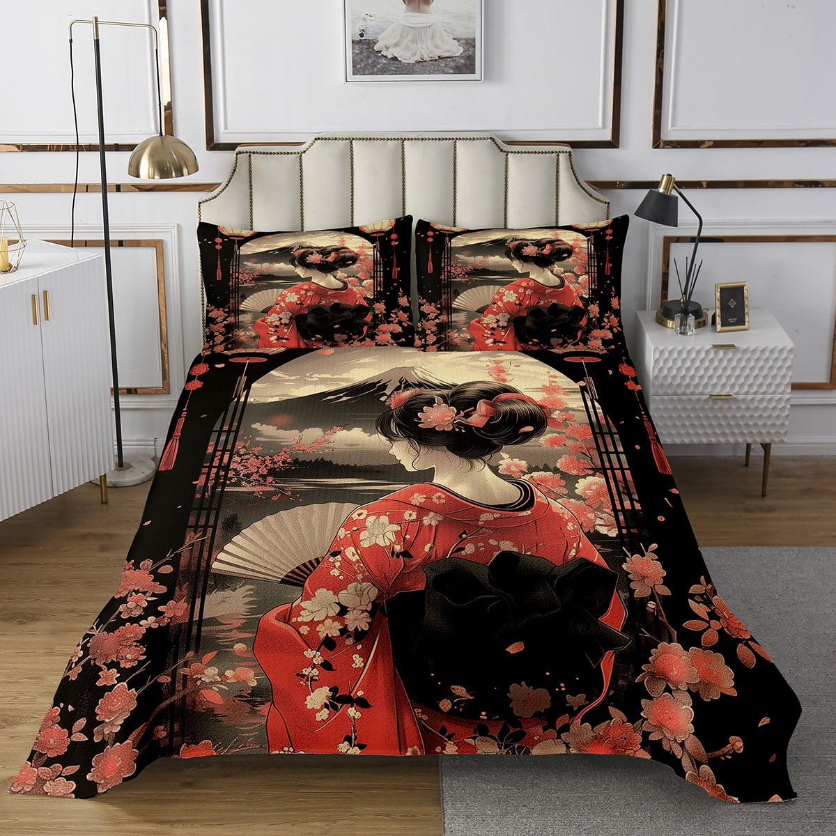 Erosebridal Japanese Geisha Bedding Set Twin,Oriental Geisha Quilt Set for Women,Pink Cherry ...