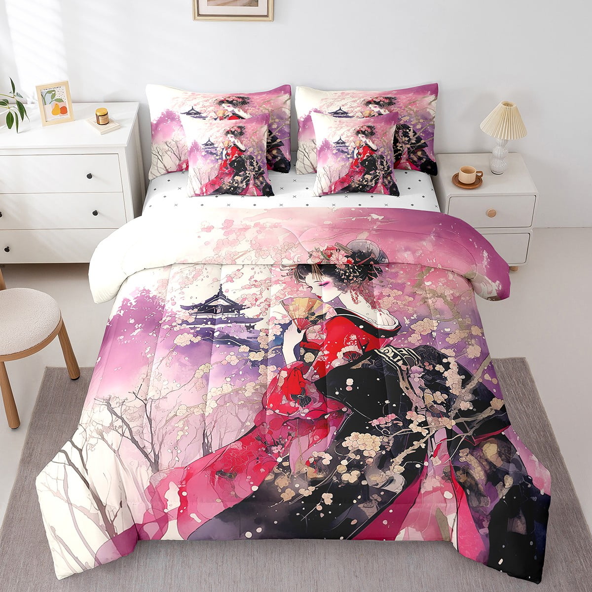 Erosebridal Japanese Geisha Comforter Set Full 7 Pieces Cherry Blossoms ...