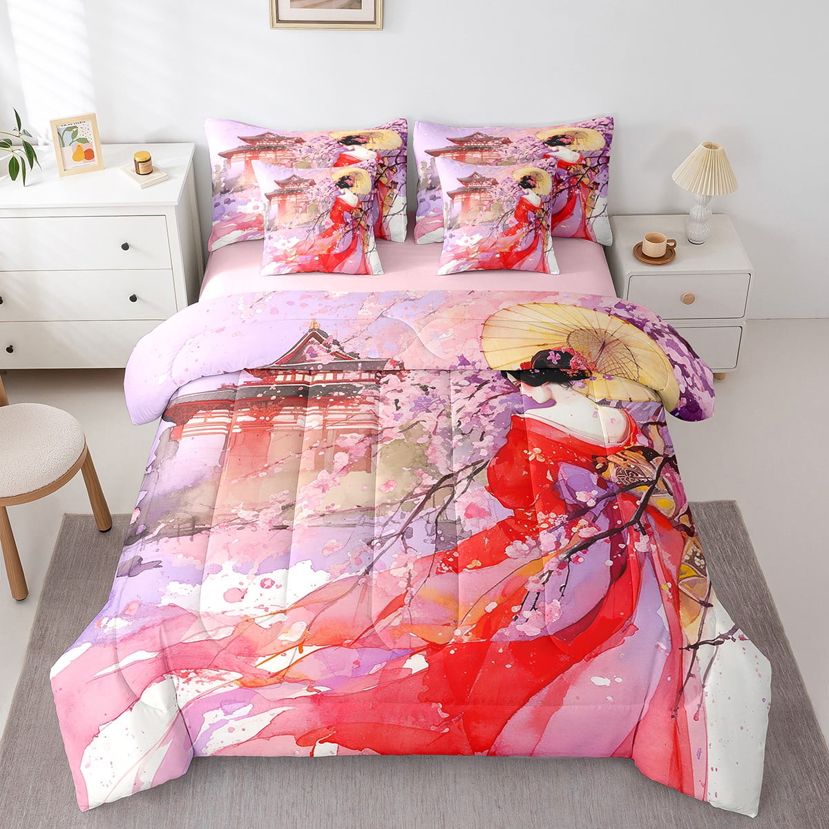Erosebridal Japanese Geisha Comforter Set Full 7 Pieces Cherry Blossoms ...