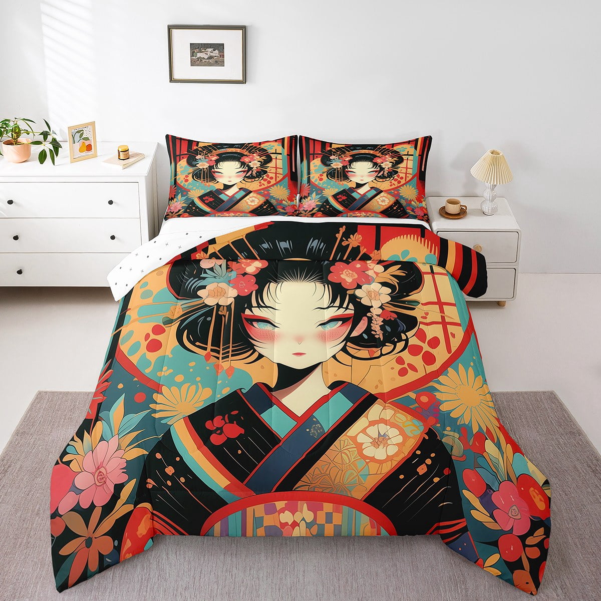 Erosebridal Japanese Geisha Comforter Set Twin,Oriental Geisha Lady ...