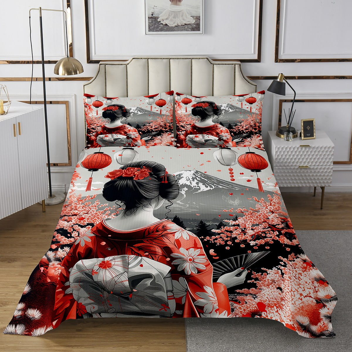 Erosebridal Japanese Geisha King Bedding Set,Cherry Blossom Quilt Set ...