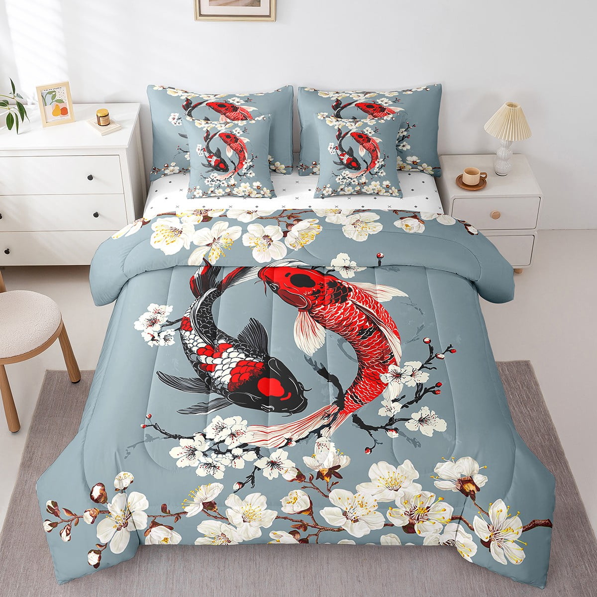 Erosebridal Japanese Koi Fish Comforter Set Full 7 Pcs Cherry Blossoms ...