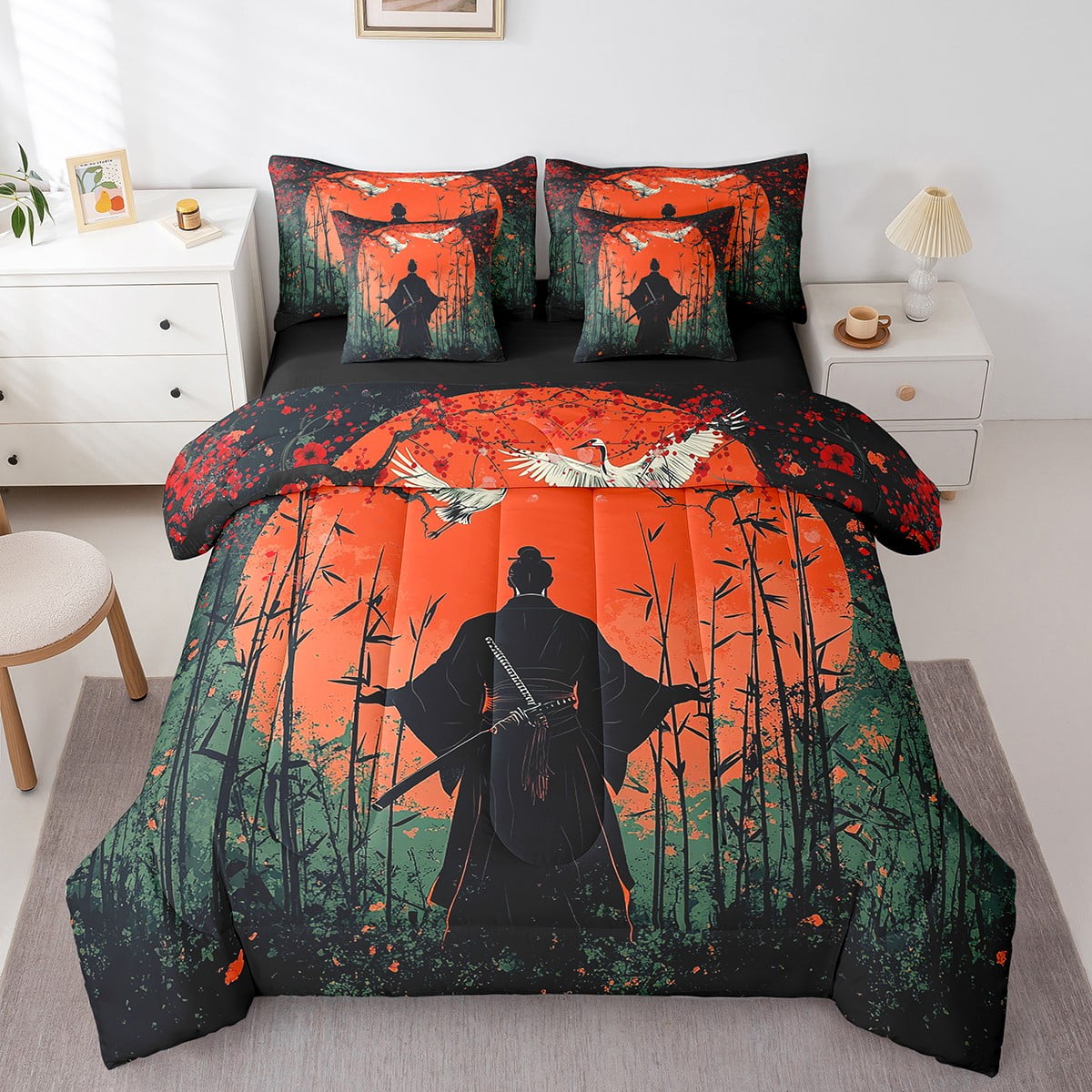 Erosebridal Japanese Samurai Comforter Set Queen 7 Pcs Sunset Cherry ...