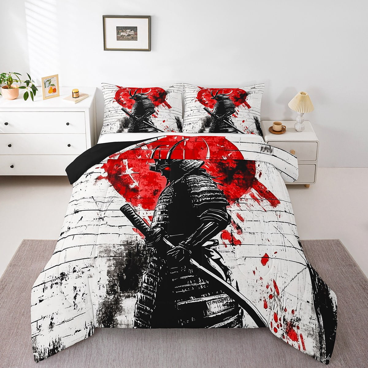 Erosebridal Japanese Samurai Comforter Sets Queen Size,Black Red ...