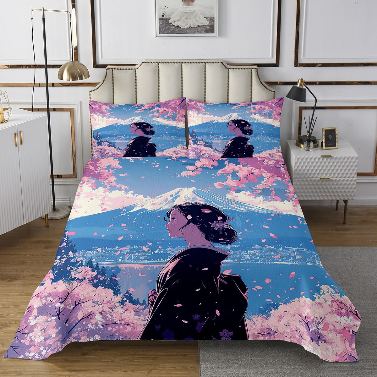 Erosebridal Japanese Style Queen Quilt Set,Pink Cherry Blossom Bedding ...