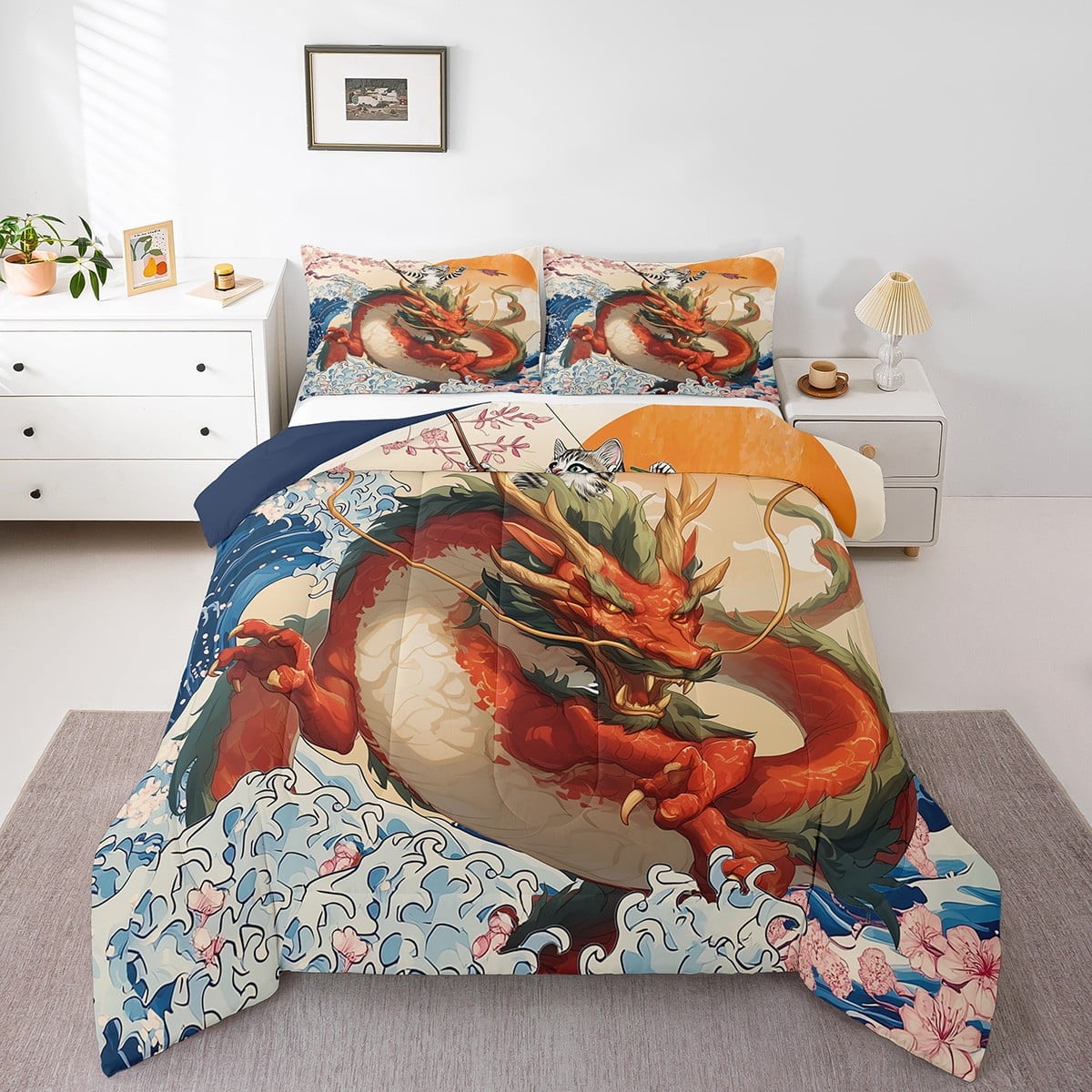Erosebridal Japanese Style Twin Comforter Set Fun Cat Dragon Bedding ...
