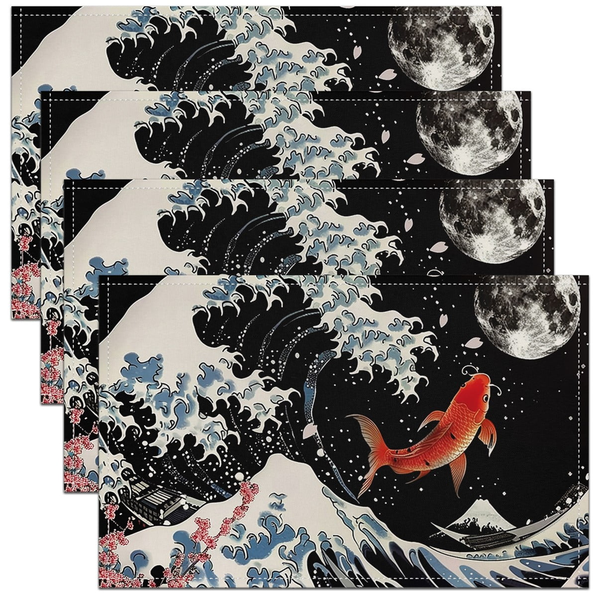 Erosebridal Japanese Ukiyoe Placemats Set of 4, Koi Fish Mount Fuji ...