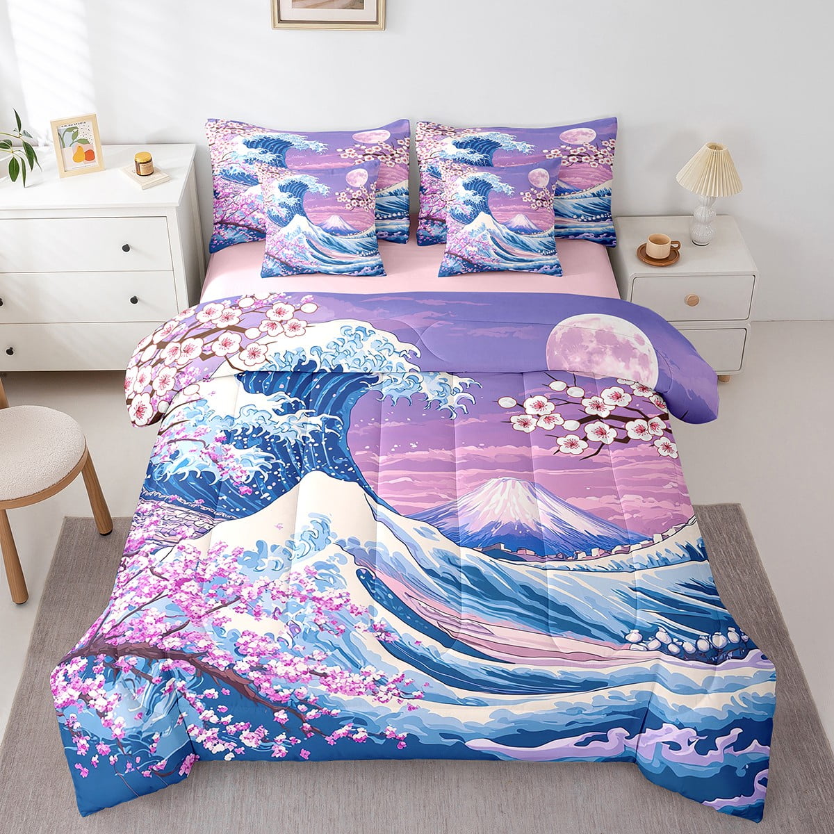 Erosebridal Japanese Wave Comforter Set Queen Size 7 Pieces Cherry ...