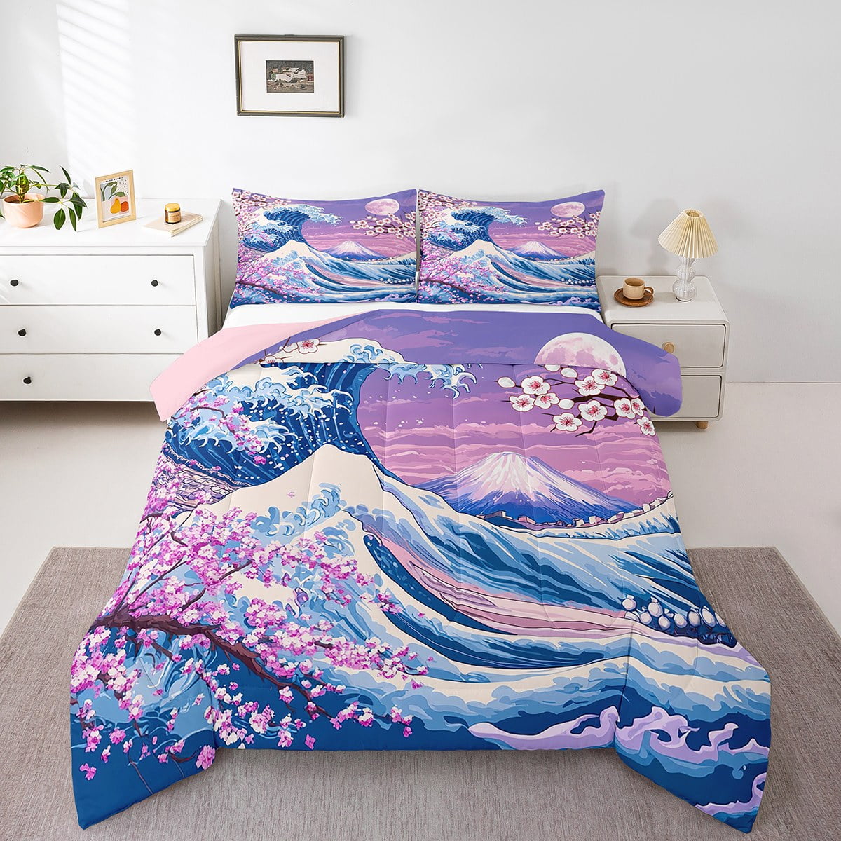 Erosebridal Japanese Wave Comforter Set Queen Size Cherry Blossoms ...