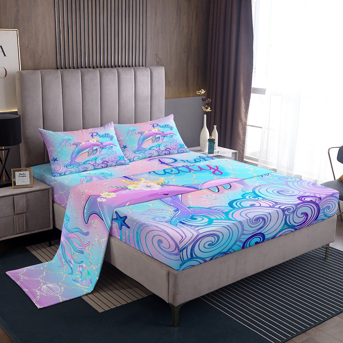 Erosebridal Jellyfish Dolphin Full Bed Sheets Set,Teal Purple Mermaid ...