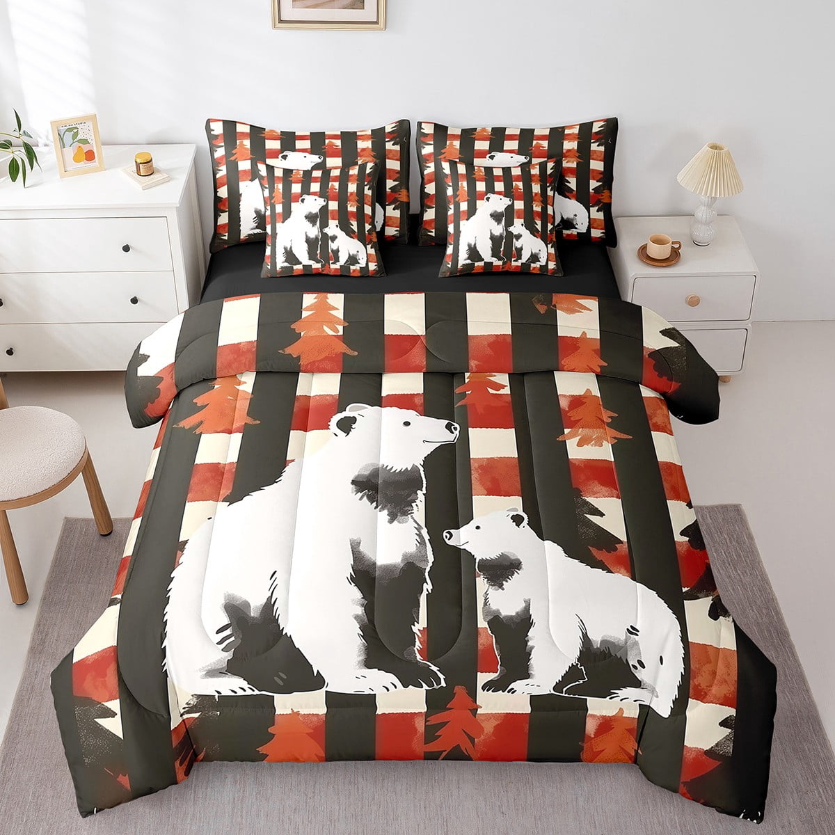Erosebridal Jungle Bear Bedding Full Size, Red Black Beige Plaid Check ...