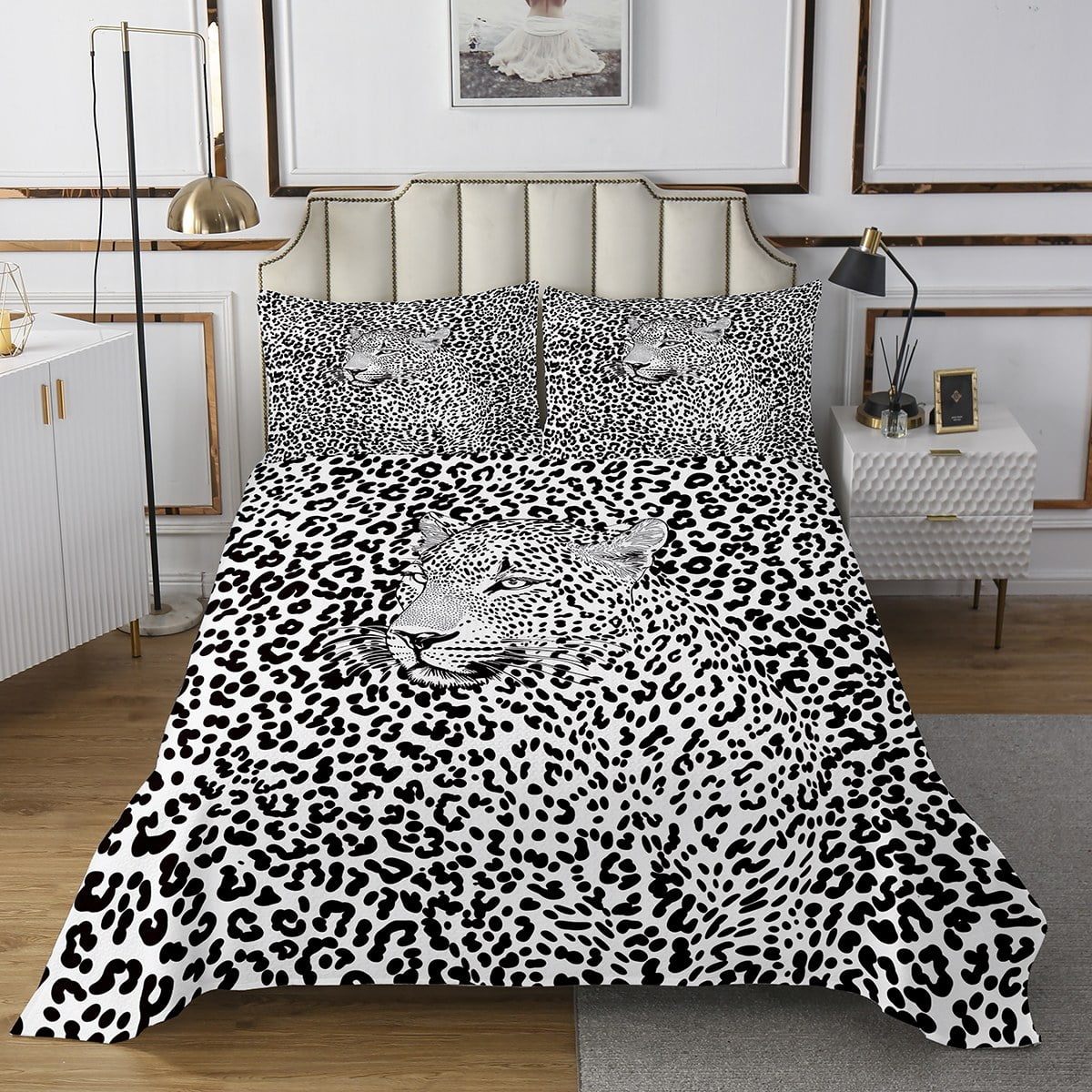 Erosebridal Jungle Cheetah Quilt Sets for Queen Size Bed,Black White ...