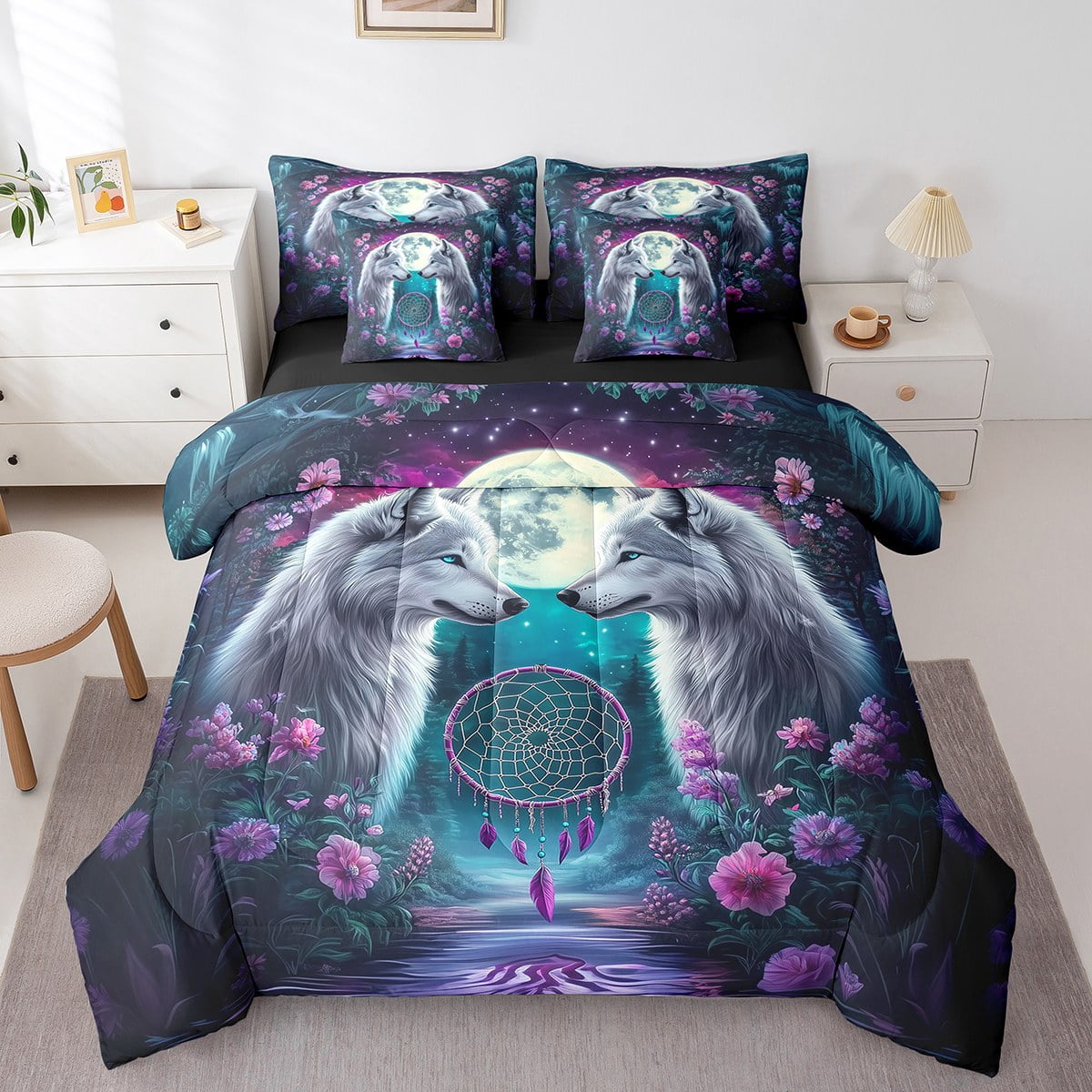 Erosebridal Jungle Wolf Bed in a Bag King size, Moon Starry Sky Bed Set ...