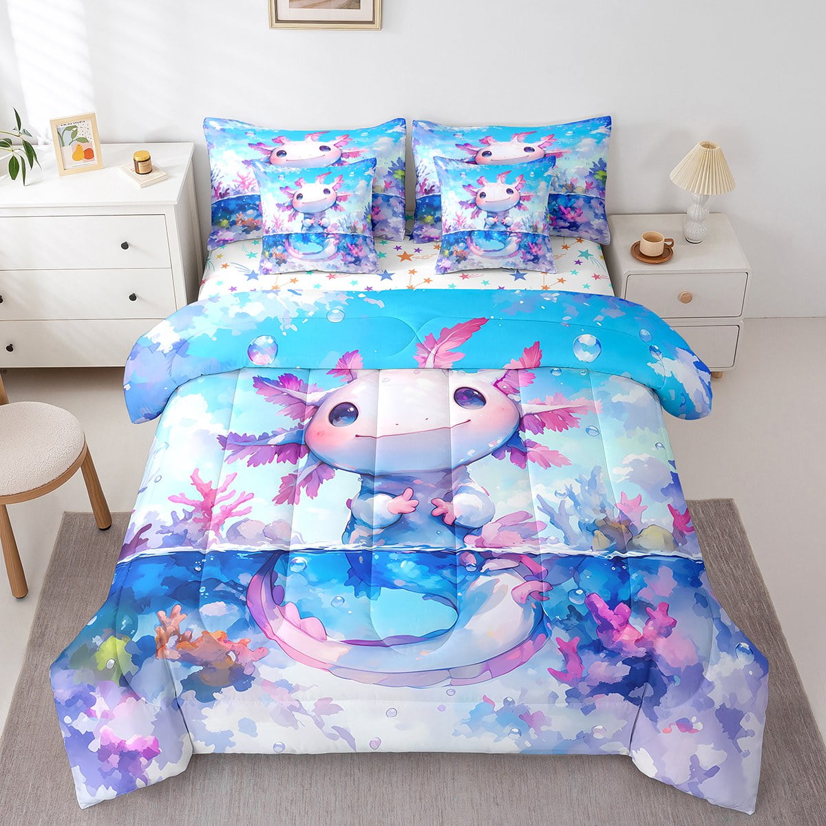 Erosebridal Kawaii Axolotl Bedding Queen Size,Pink Blue Comforter Sets with Sheets,Cartoon ...