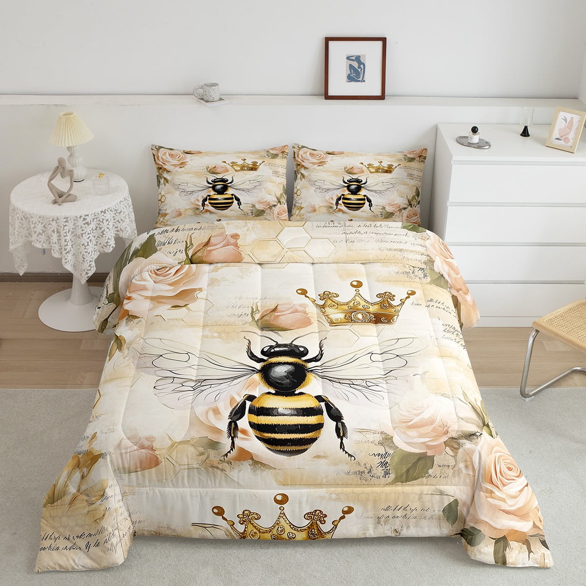 Erosebridal Kawaii Bee Bedding Twin Comforter Set, Vintage Crown Rose ...