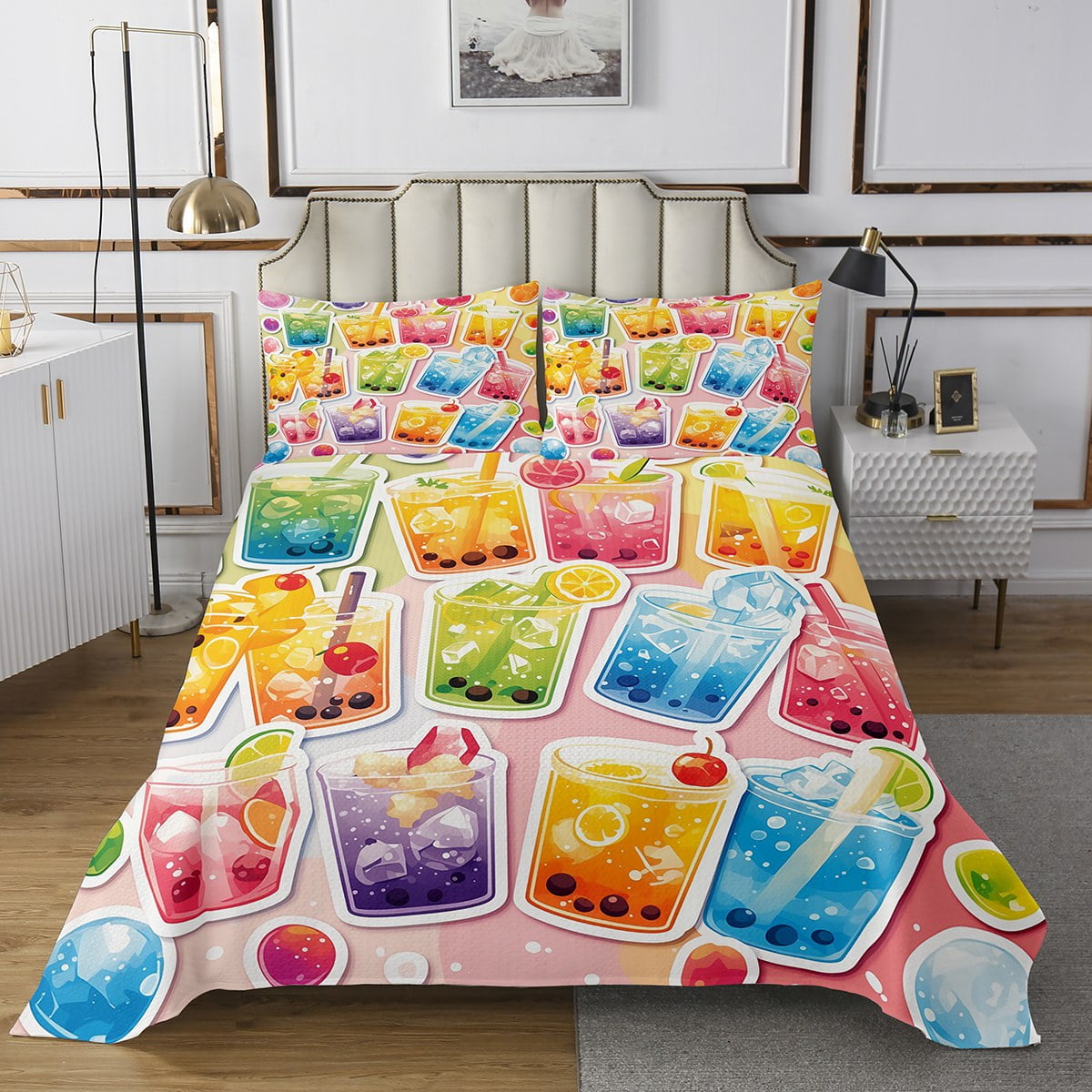 Erosebridal Kawaii Boba Tea Bedding Set King Size,Bubble Tea Quilt Set ...