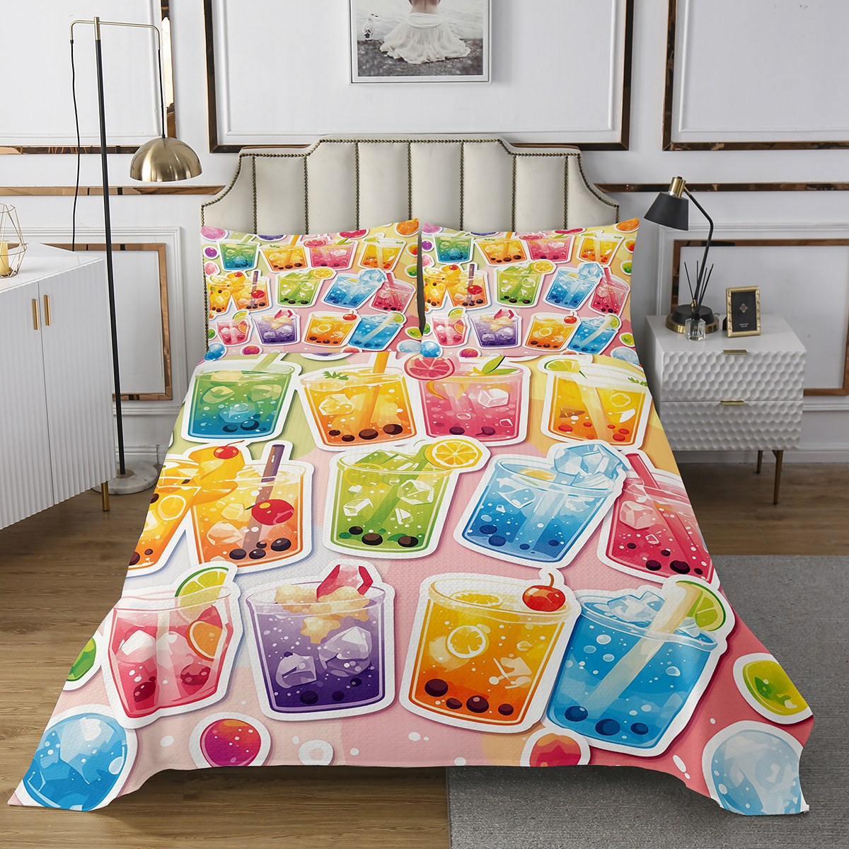 Erosebridal Kawaii Boba Tea Bedding Set Queen Size,Bubble Tea Quilt Set ...