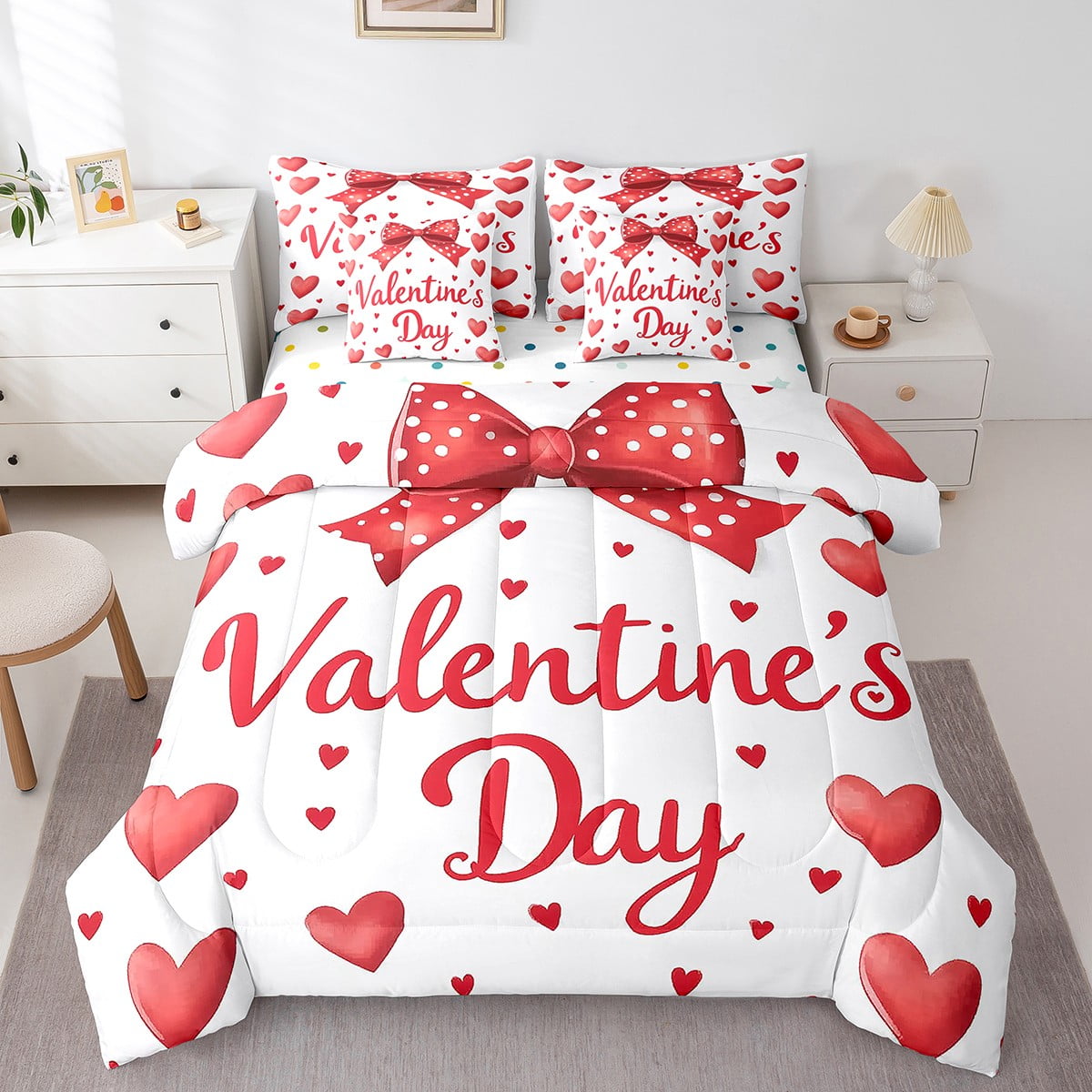 Erosebridal Kawaii Bow 7 Piece Bedding Set Full Size Red Bow Comforter ...
