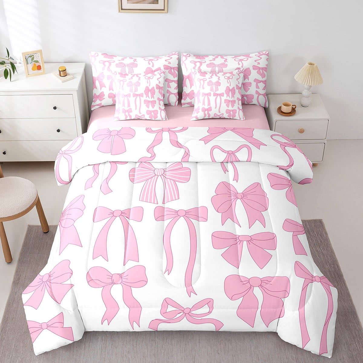 Erosebridal Kawaii Bow Bedding Queen Size,Pink White Comforter Sets ...
