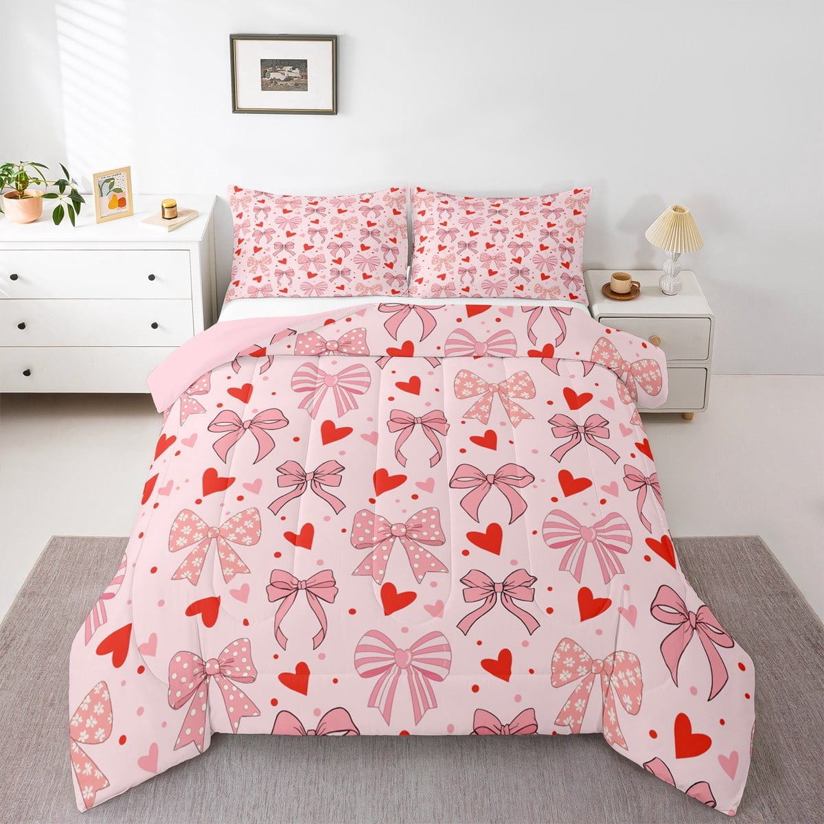 Erosebridal Kawaii Bow Comforter Sets Twin Size,Heart Dot Print ...