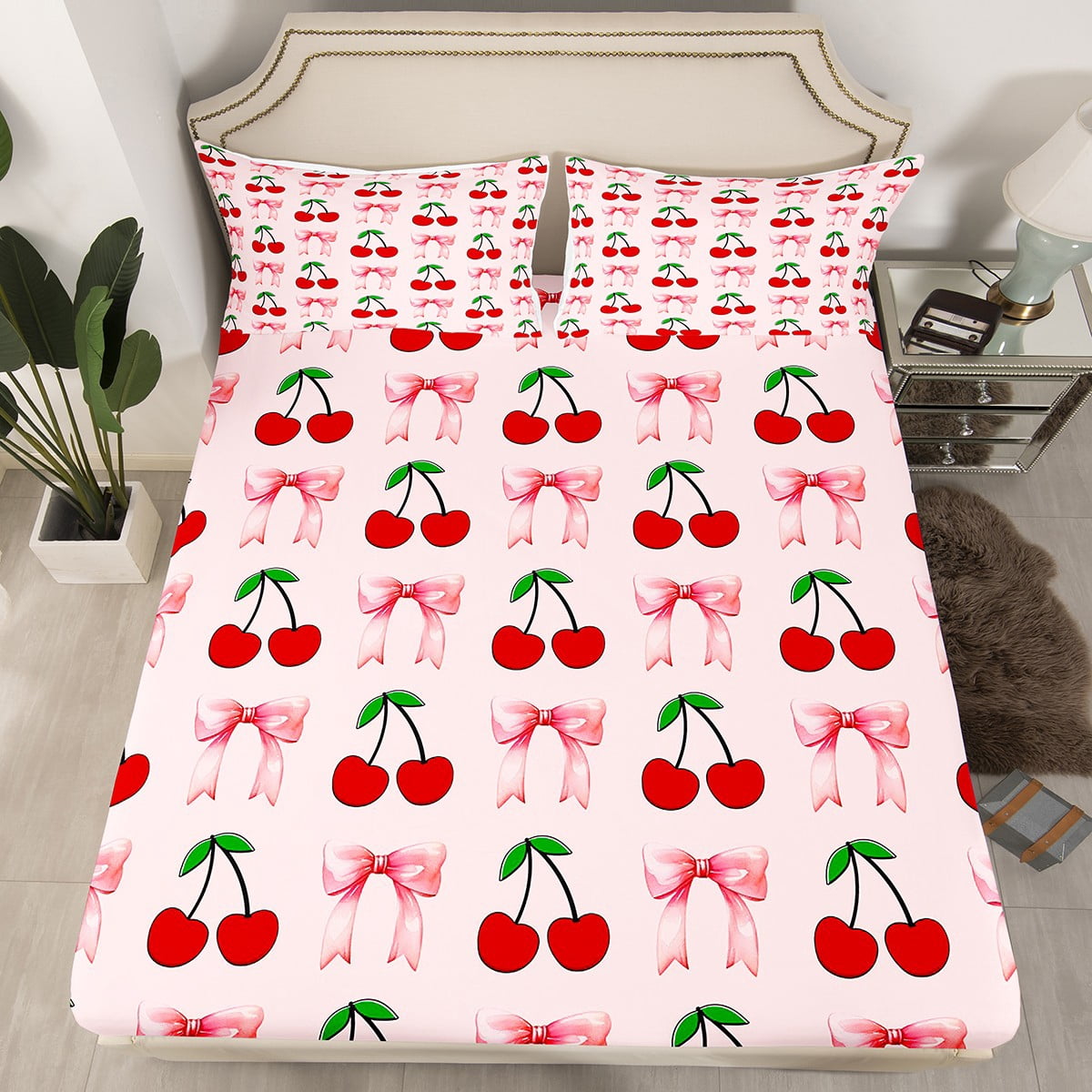 Erosebridal Kawaii Bow Fitted Sheet Set Queen,Cute Cherry Fitted Sheet ...