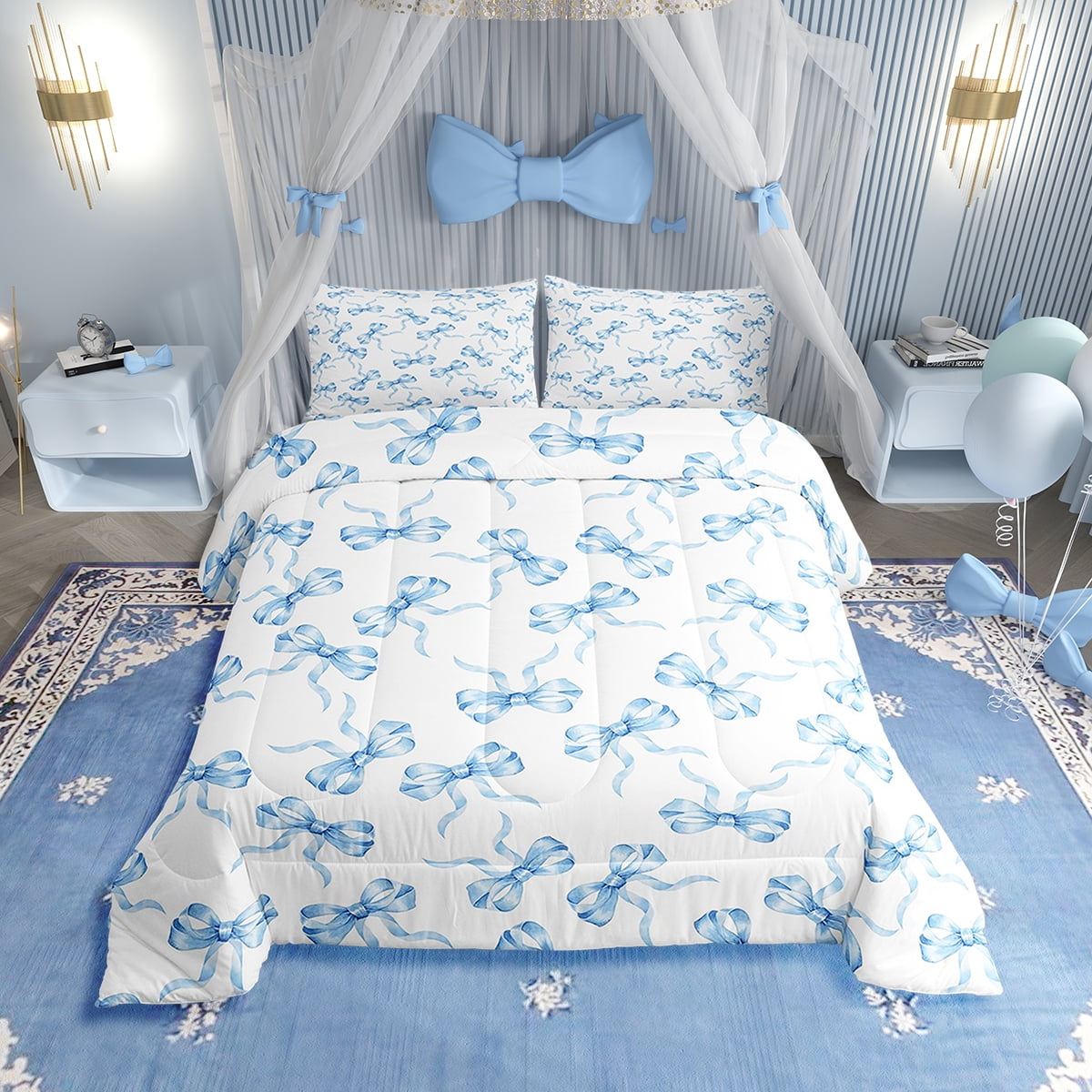 Erosebridal Kawaii Bow Tie Bedding Twin Comforter Set,Blue Bowknot Down ...