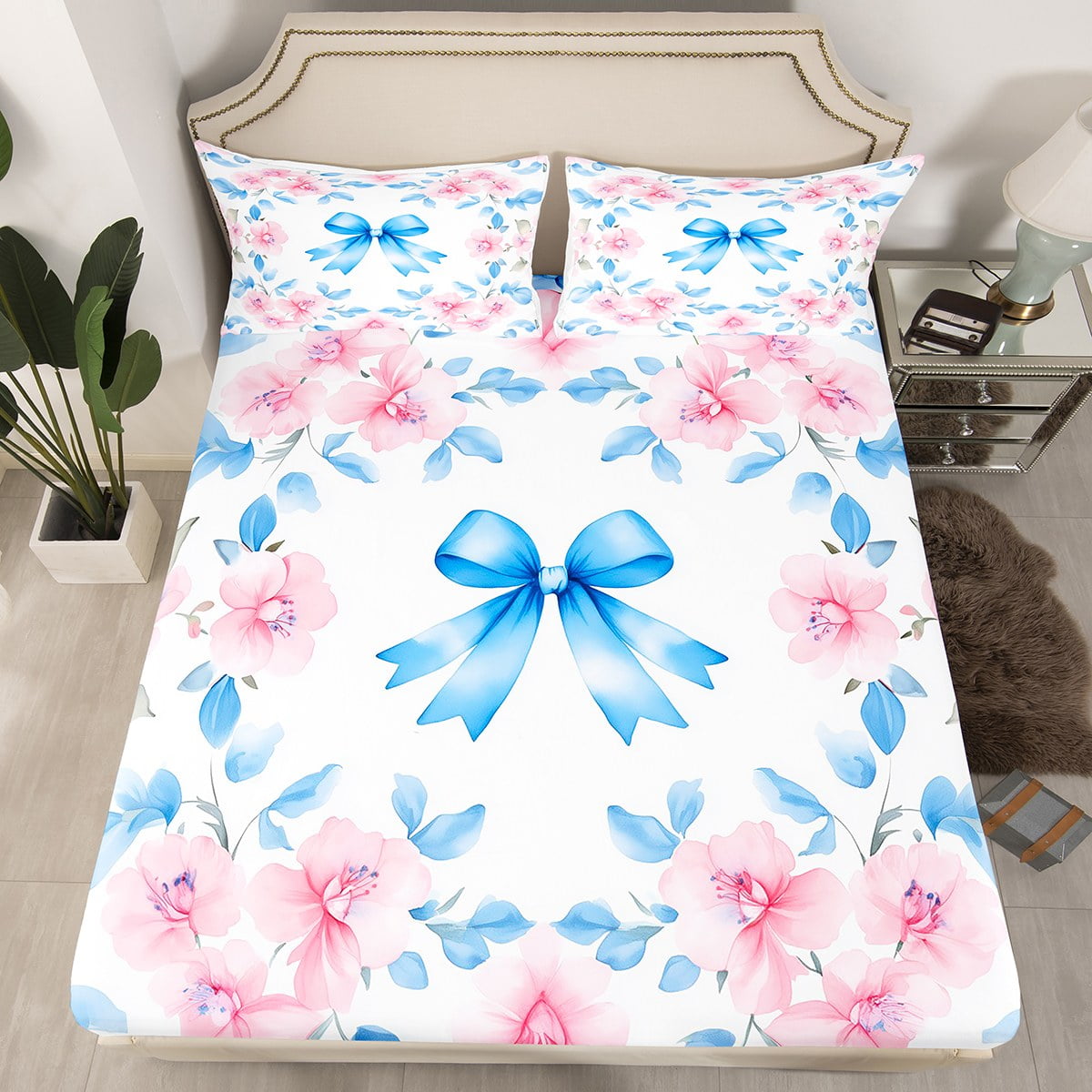 Erosebridal Kawaii Bowknot Fitted Sheet Queen, Vintage Flower Fitted ...