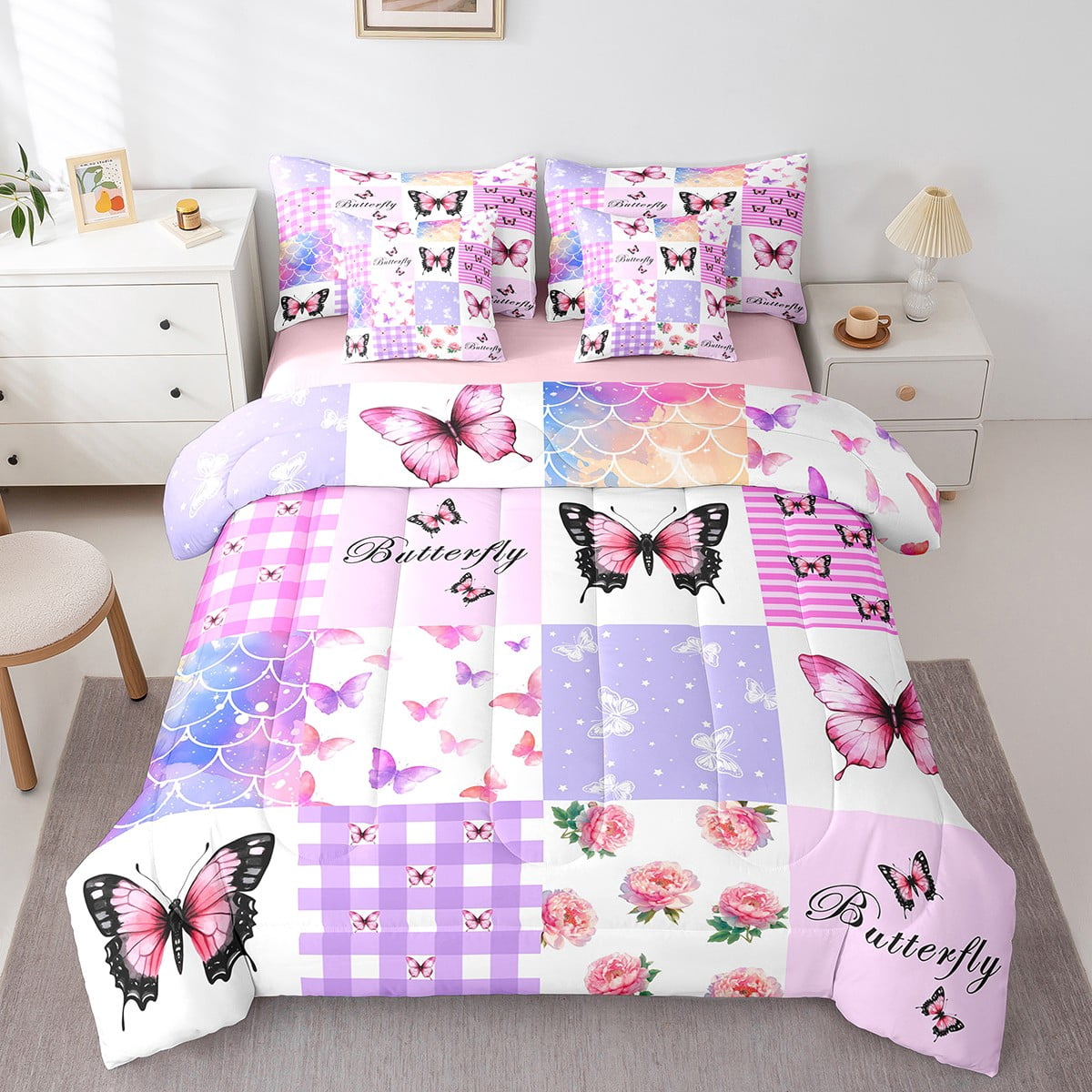 Erosebridal Kawaii Butterfly Bedding Queen Size,Pink Flower Comforter ...