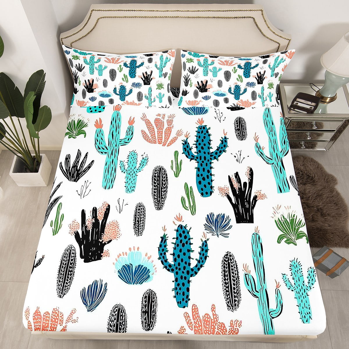 Erosebridal Kawaii Cactus Fitted Sheet Set Queen,Botanical Plants ...