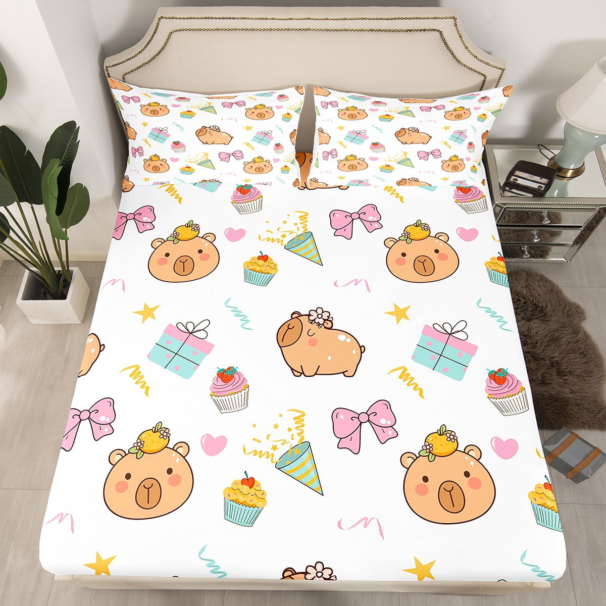 Erosebridal Kawaii Capybara Fitted Sheet Set Queen, Dessert Cake Fitted ...