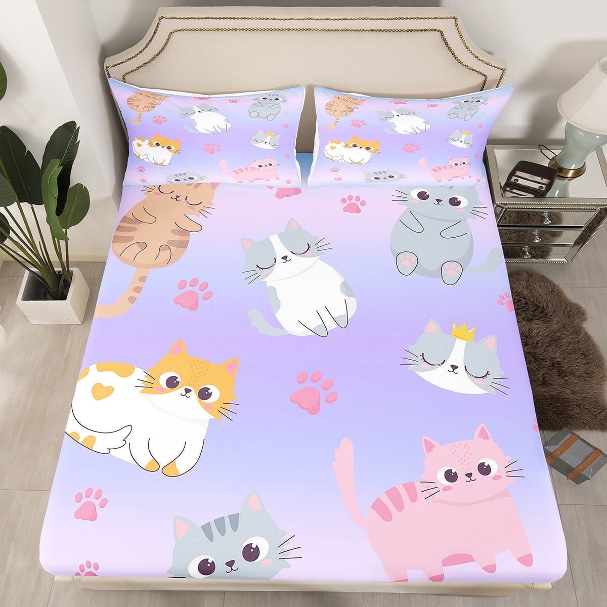 Erosebridal Kawaii Cat Bed Sheets Pink Blue Purple Pastel Sheets ...