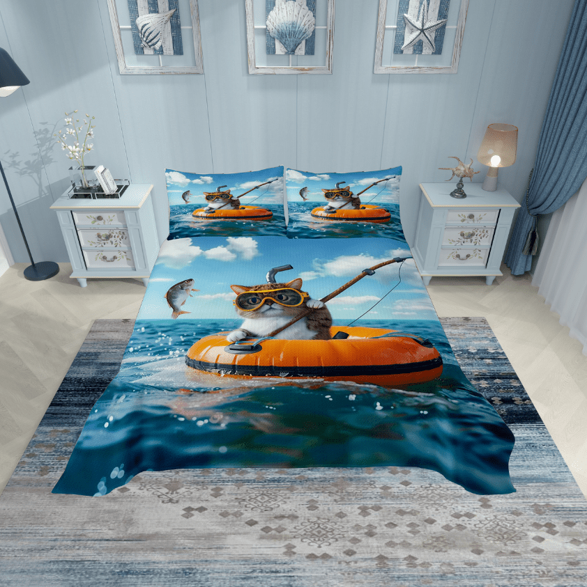 Erosebridal Kawaii Cat Coverlet Set Twin, Summer Ocean Fishing Bedding ...