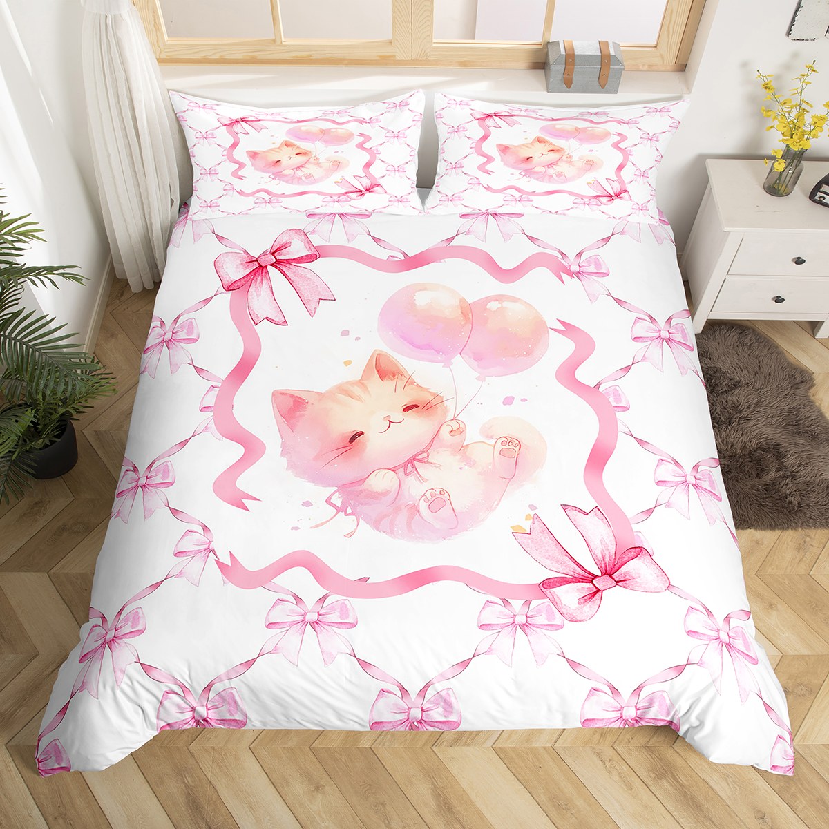 Erosebridal Kawaii Cat Duvet Cover Full,Pink Bowknot Bedding Set ...