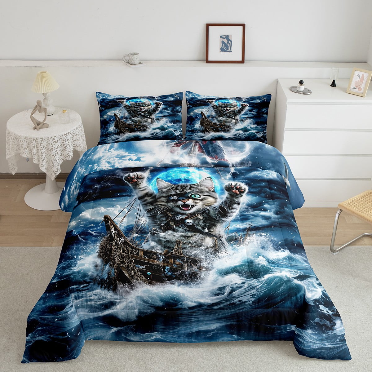 Erosebridal Kawaii Cat Kitten Comforter Sets Queen Size, Ocean Wave ...