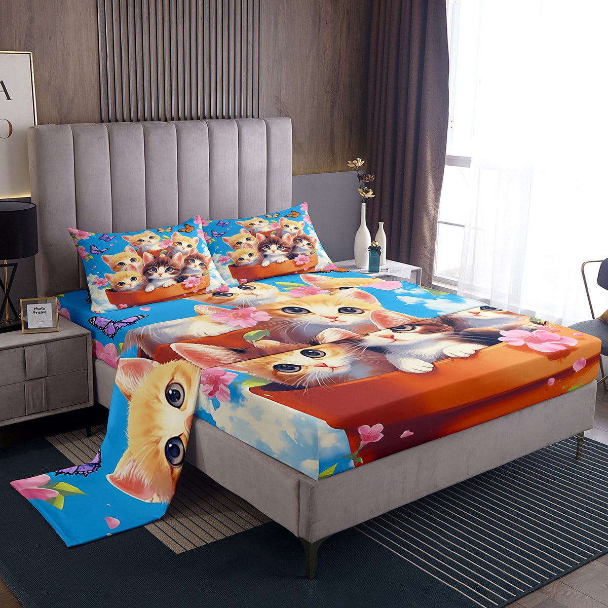 Erosebridal Kawaii Cats Bed Sheets King,Floral Pet Bedding King Size ...